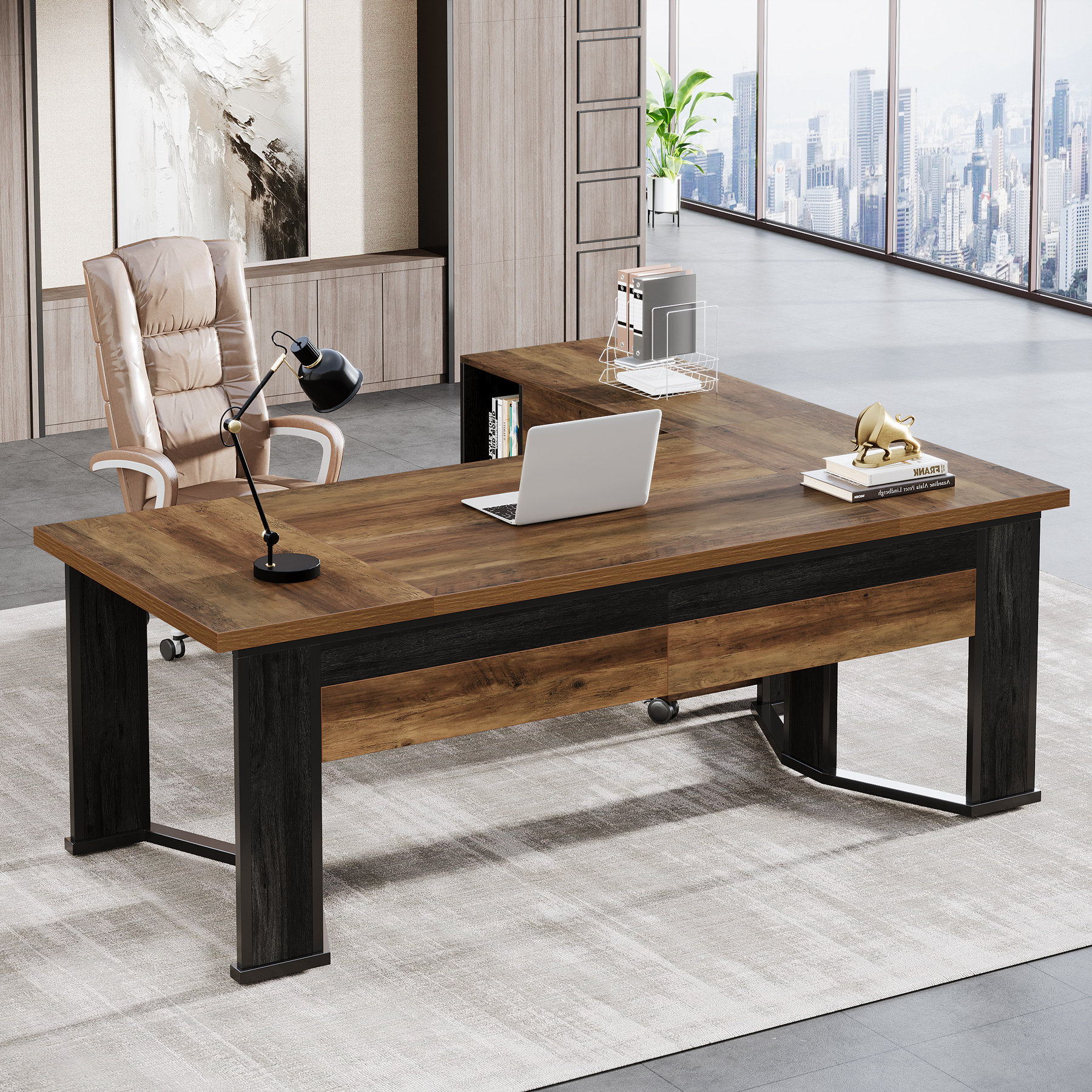 17 Stories 70.86" Executive Desk And 41.93" Mobile Lateral File Cabinet, L-Shaped Home Office ...